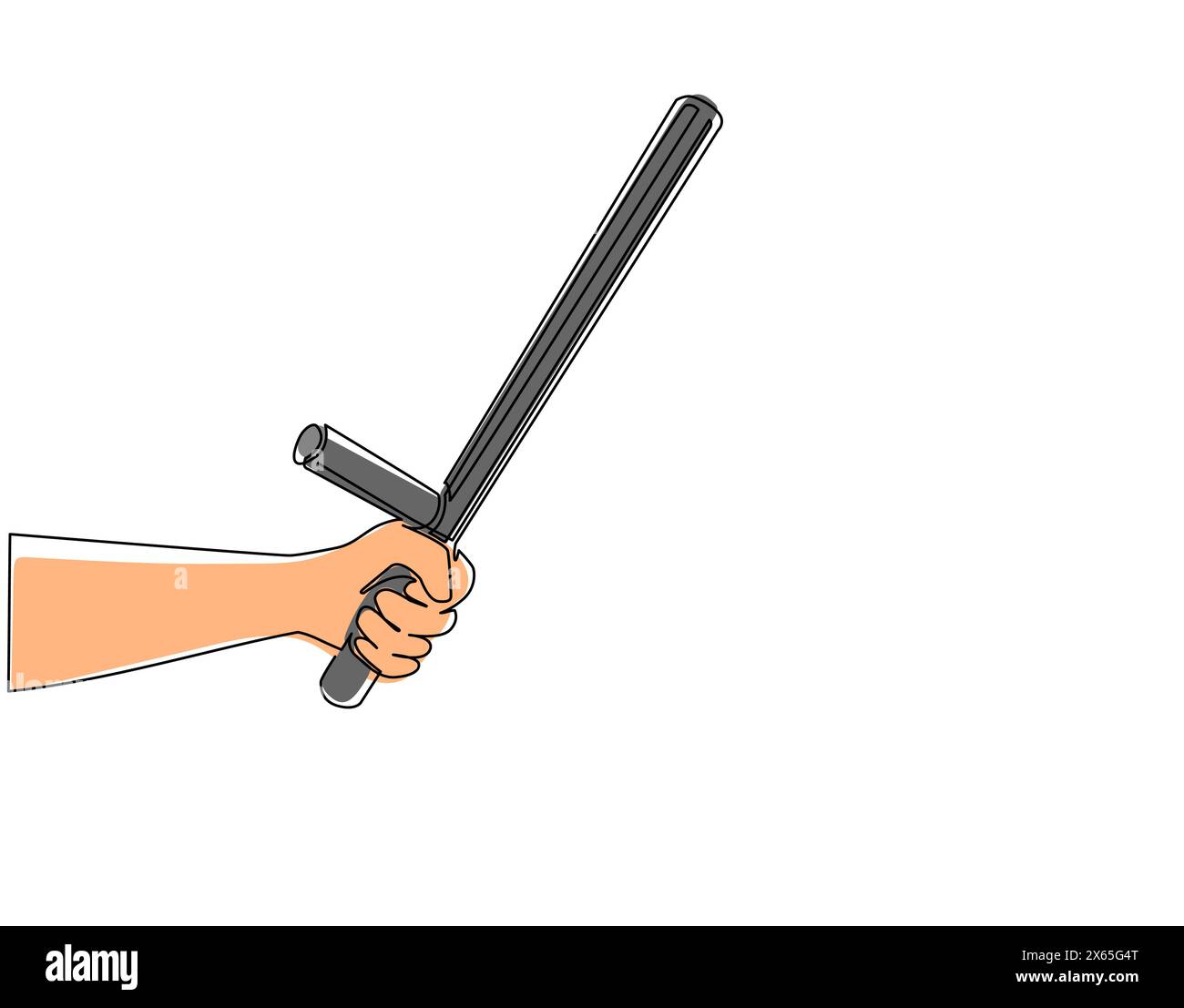 Single one line drawing hand holding police bat. Policeman ammunition ...