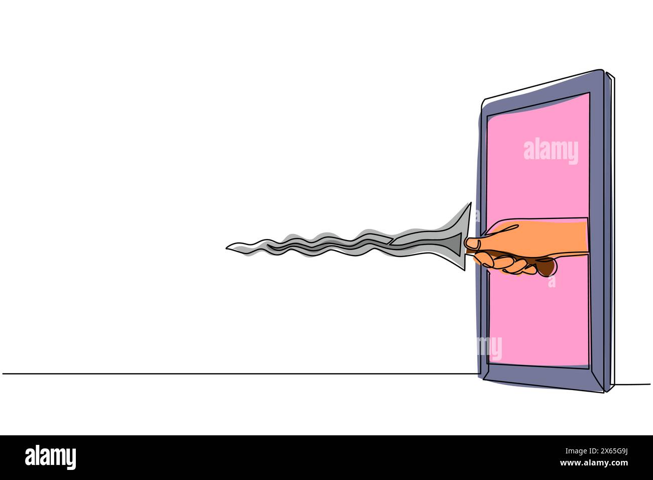 Continuous one line drawing hand holding keris through mobile phone ...