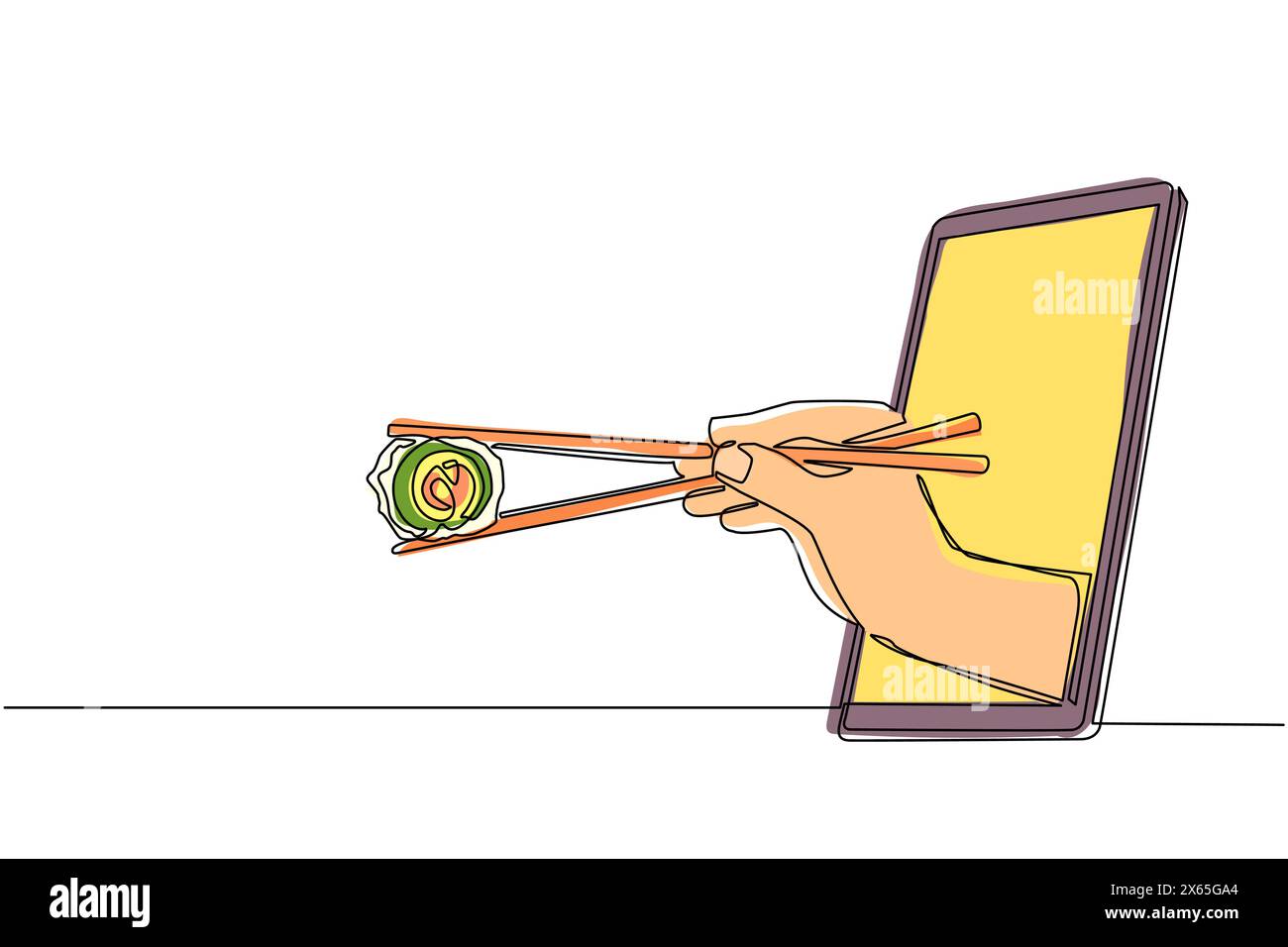 Continuous one line drawing hand holding sushi through mobile phone ...