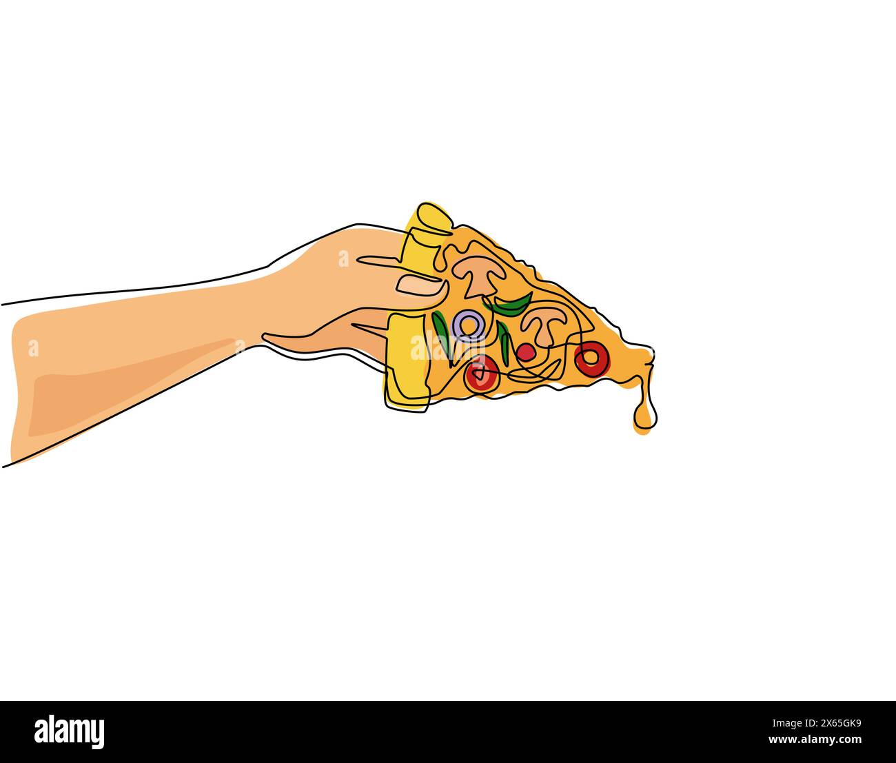 Continuous one line drawing man hand holding pizza slice. Hands holding ...