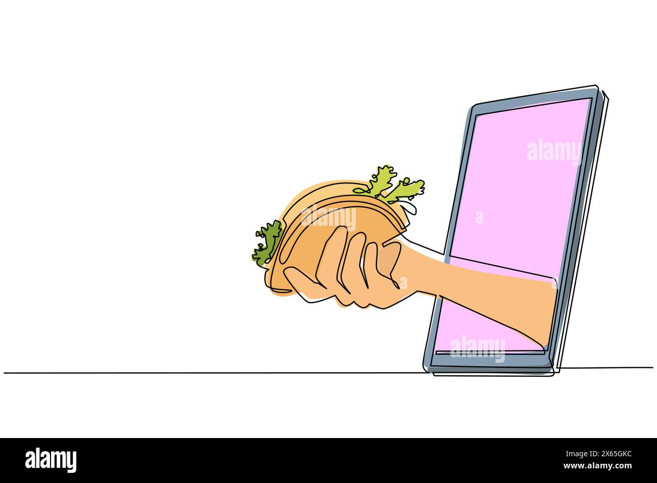 Single continuous line drawing hand holding mexican taco through mobile ...