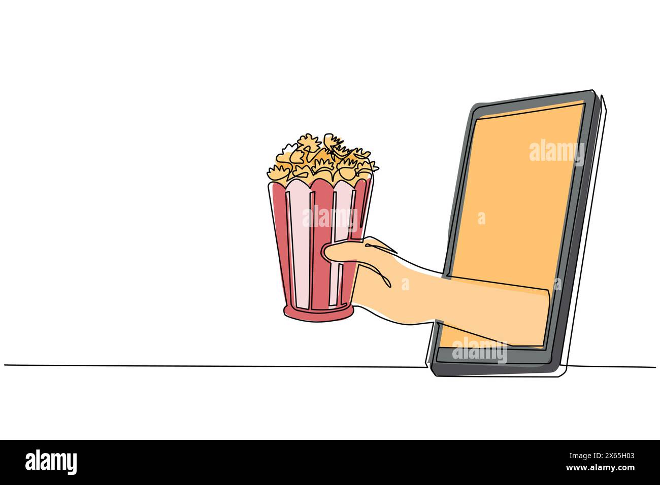 Single continuous line drawing male hand holding popcorn through mobile ...