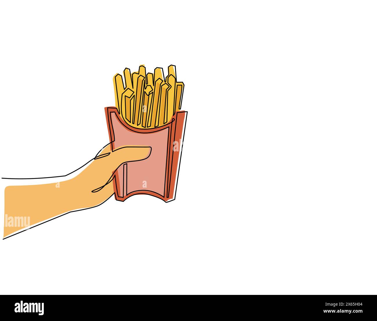 Continuous one line drawing hand holding french fries in paper box ...