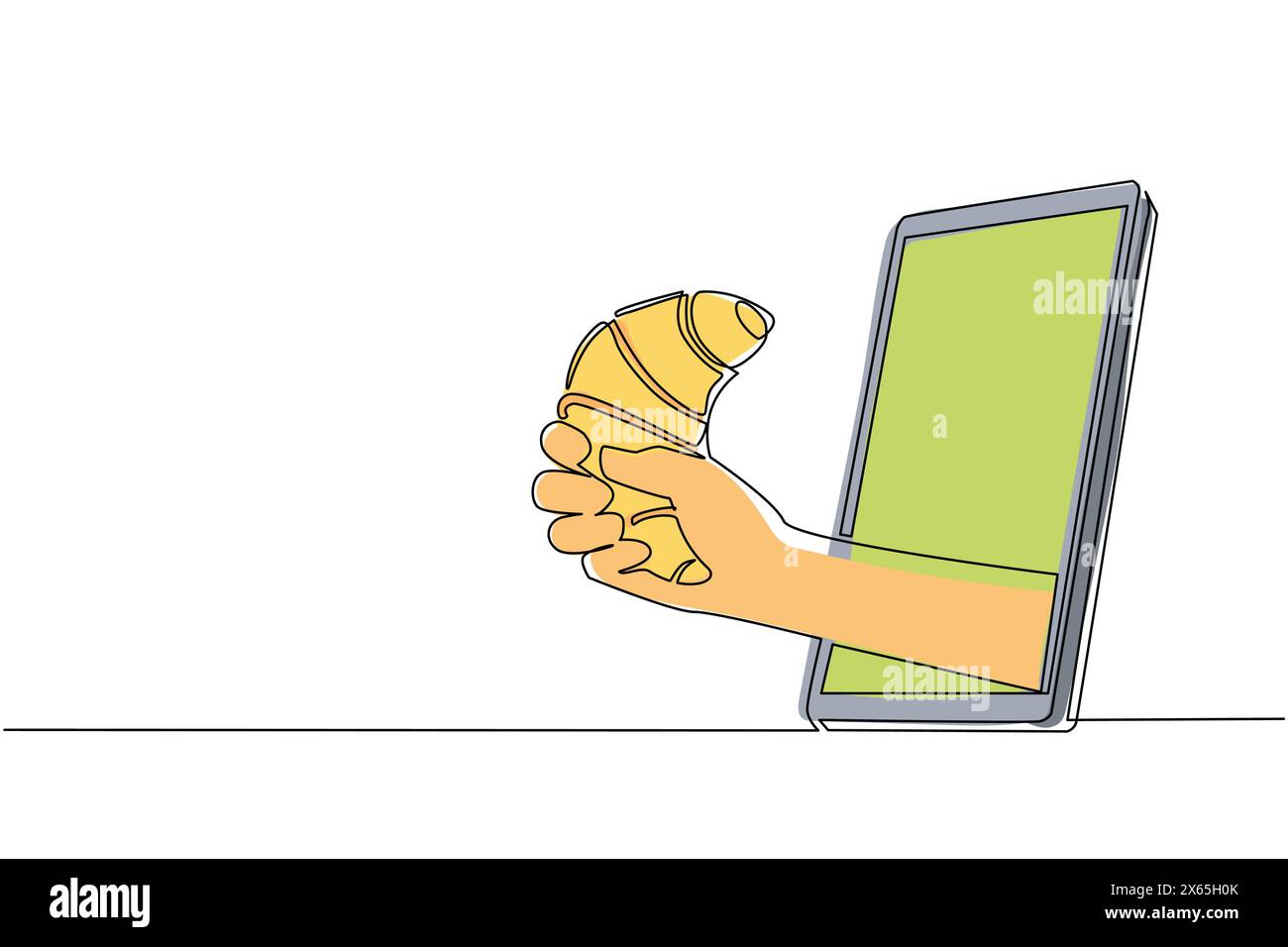 Single continuous line drawing human hand holding fresh baked croissant ...