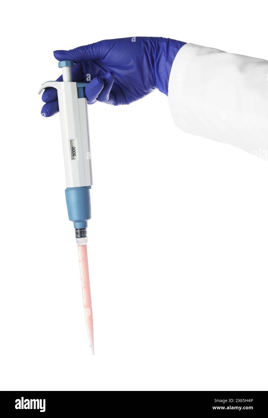 Laboratory analysis. Scientist holding micropipette on white background ...
