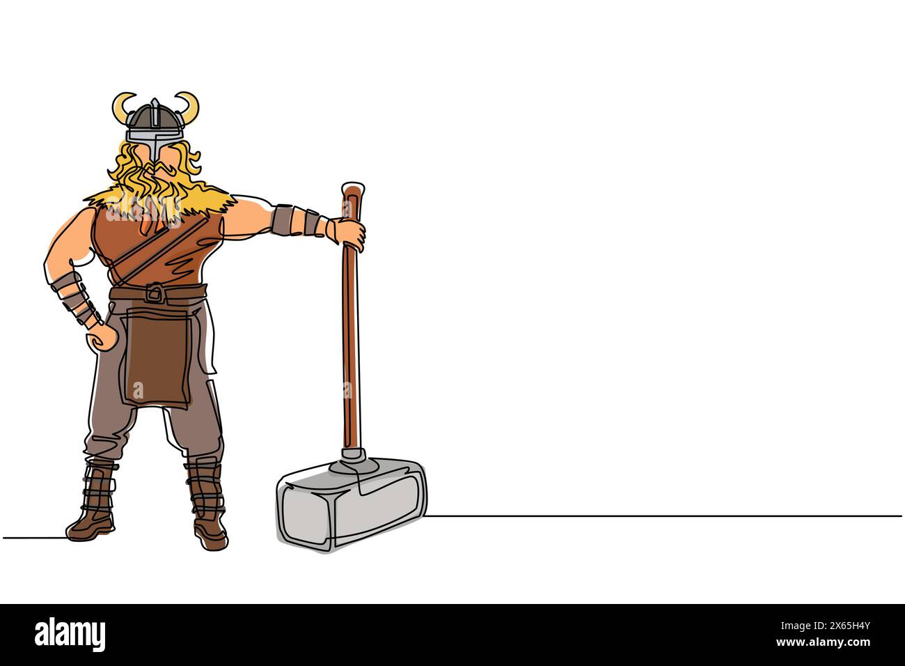 Single continuous line drawing male viking with strong physique and ...