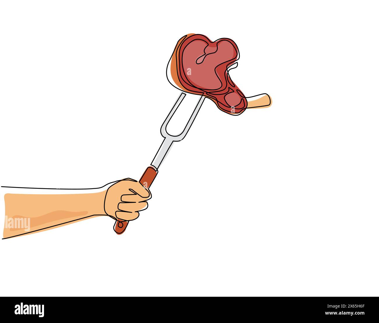 Single one line drawing hand holding steak on fork. Barbecue, pieces of ...