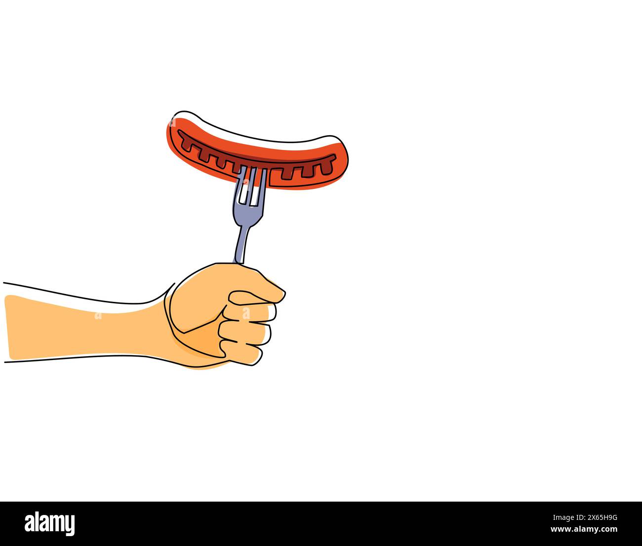 Single continuous line drawing sausage on fork in hand. Isolated on ...