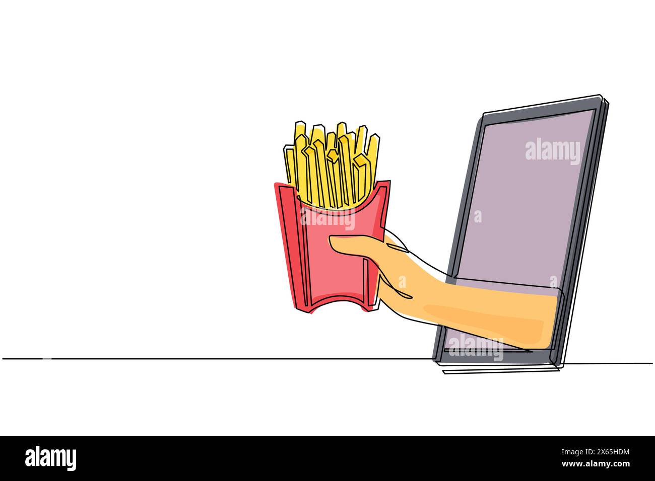 Single continuous line drawing hand holding french fries in paper box ...