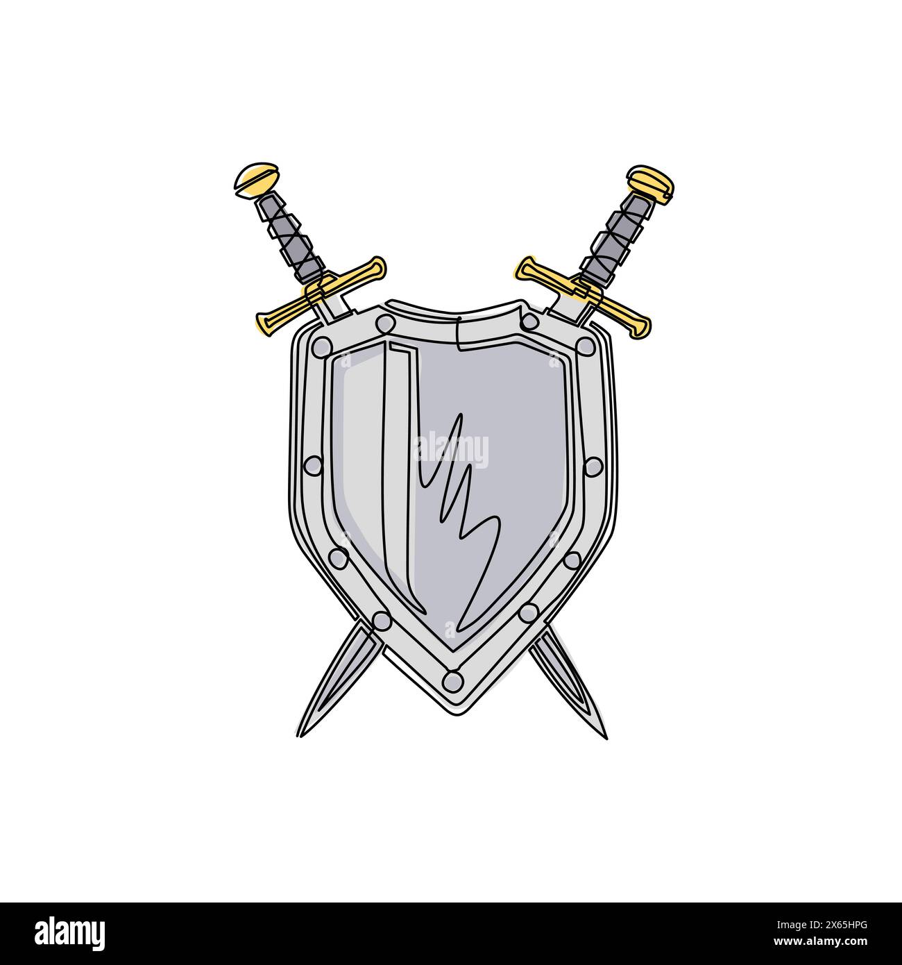 Continuous one line drawing shield and crossed swords icon, flat design swords and shield vector ...