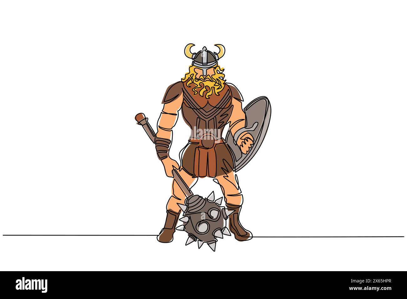 Single continuous line drawing man warrior viking in horned helmet ...