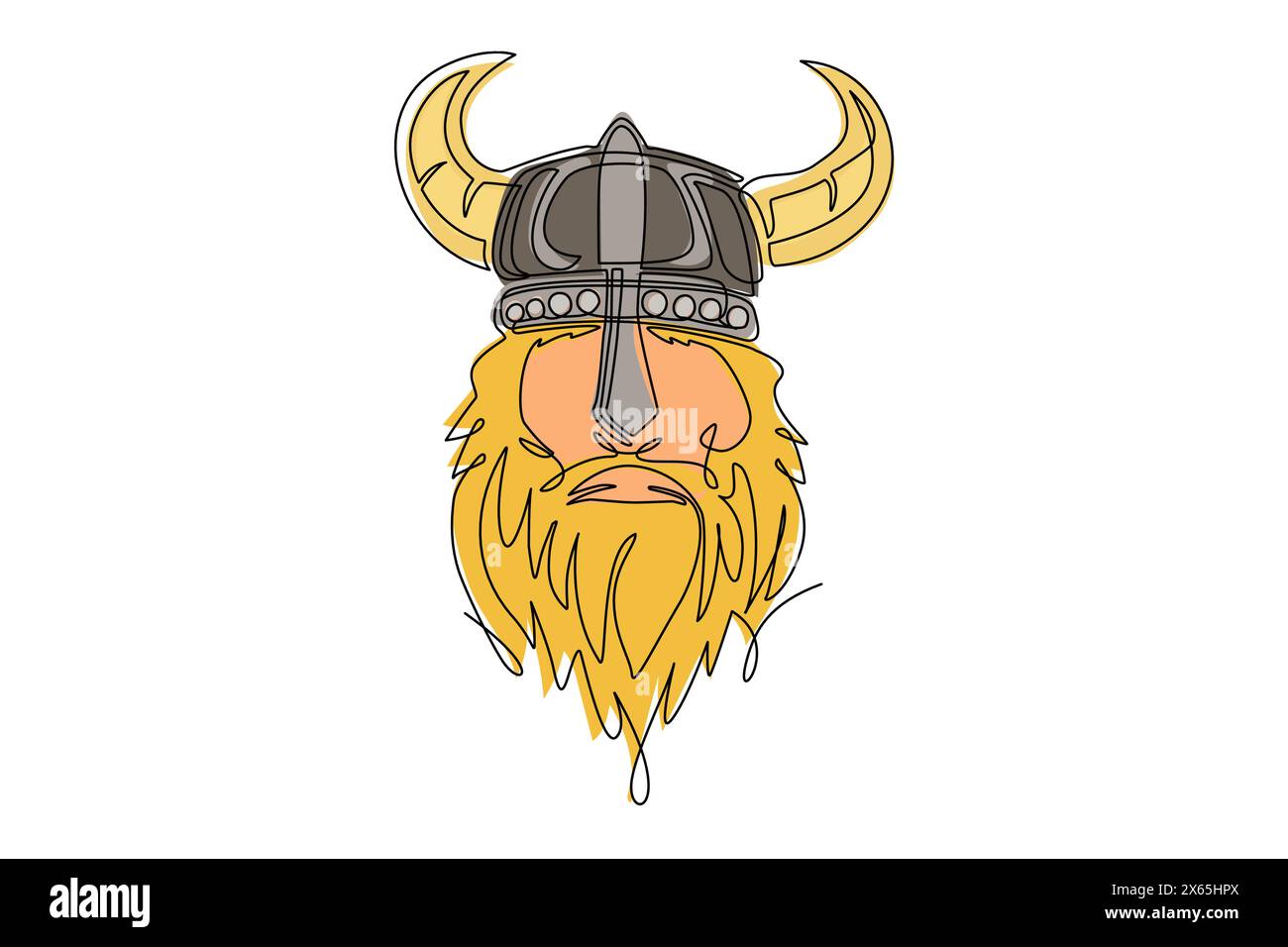 Single continuous line drawing head of bearded viking warrior with ...