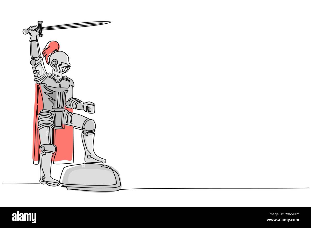 Continuous one line drawing medieval knight standing in armor and ...