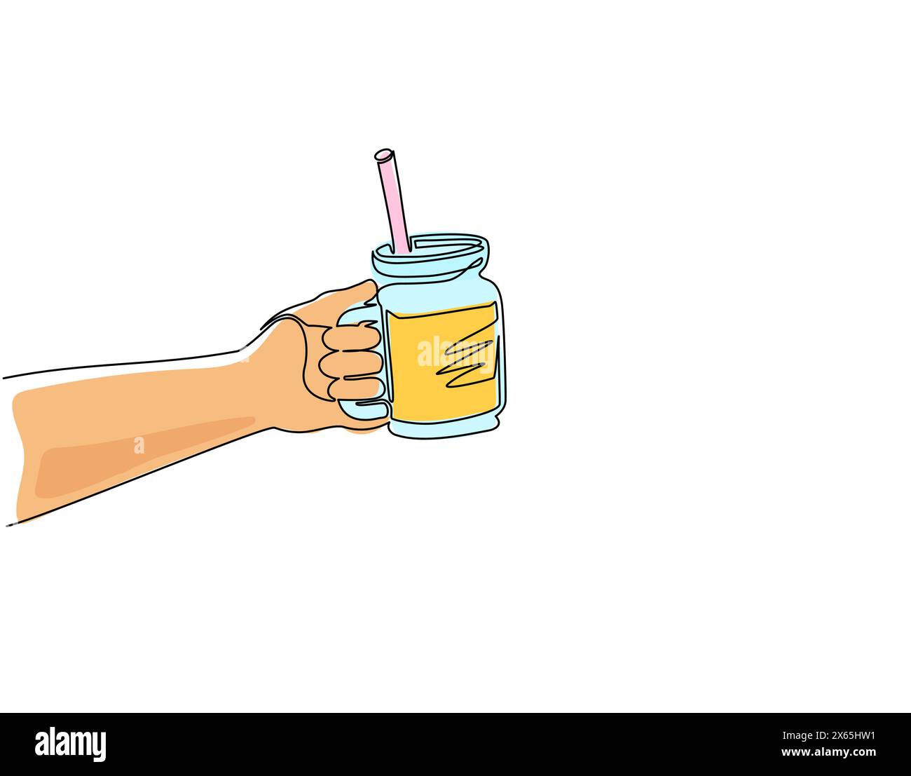 Continuous one line drawing hand holding smoothie juice in glass cup ...