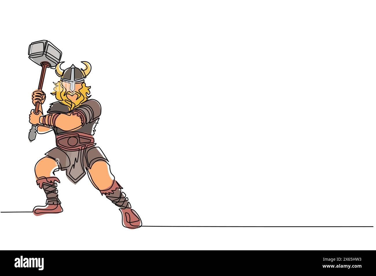 Single one line drawing viking warrior mascot swinging hammer. Viking ...