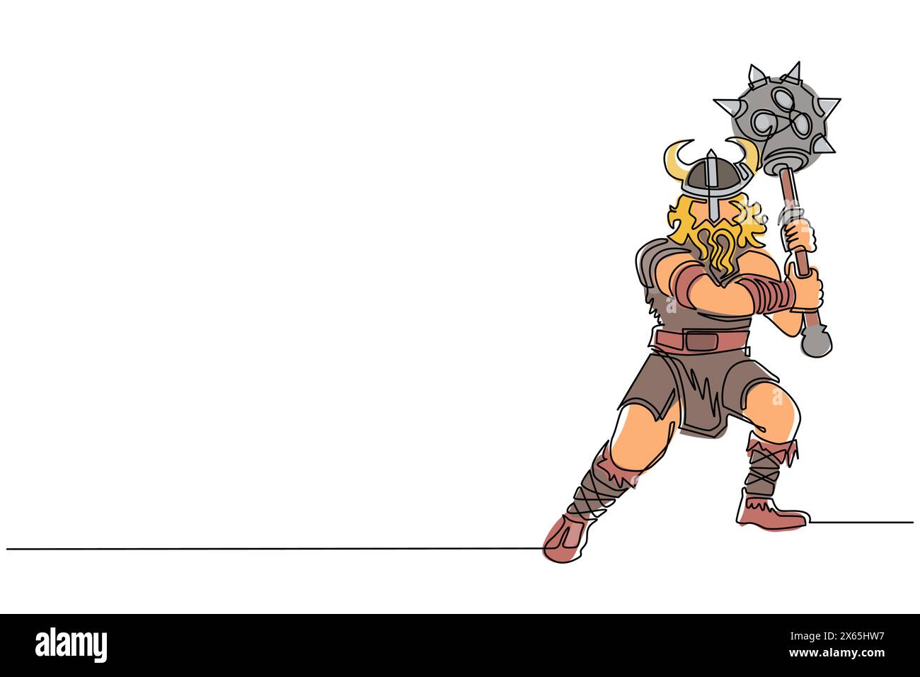 Single continuous line drawing viking warrior mascot swinging mace ...