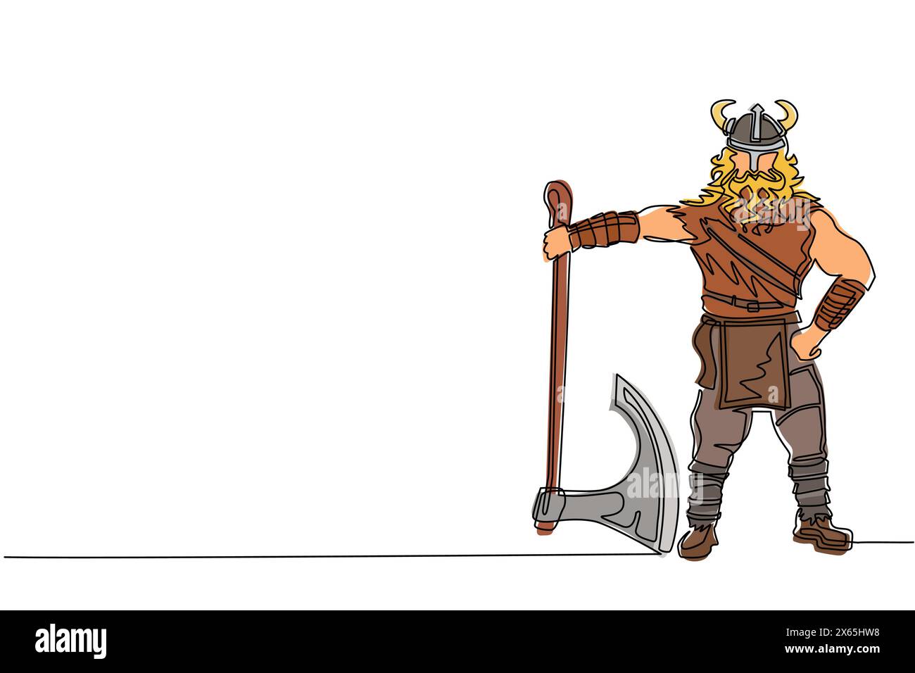 Continuous one line drawing male viking with strong physique and ...