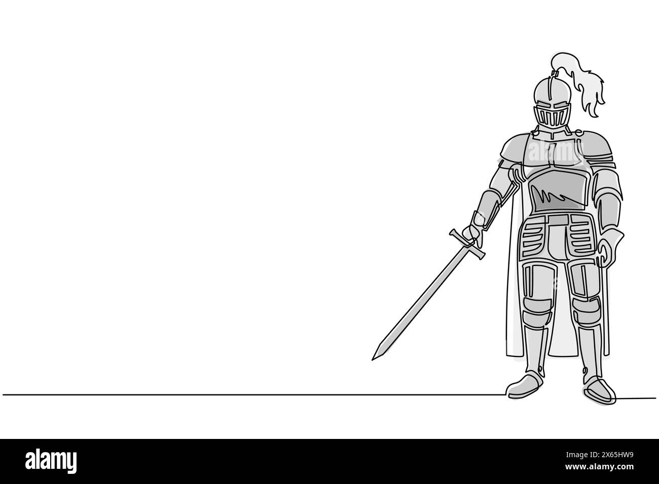 Single one line drawing medieval knight in armor, cape, helmet with ...