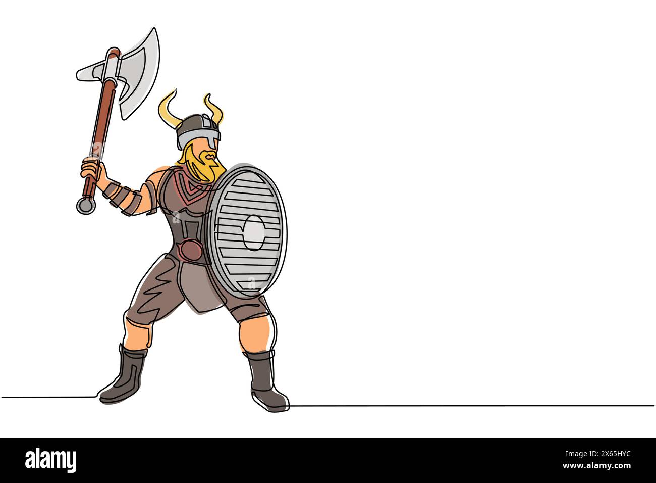 Single one line drawing big strong muscular orange warrior viking with ...