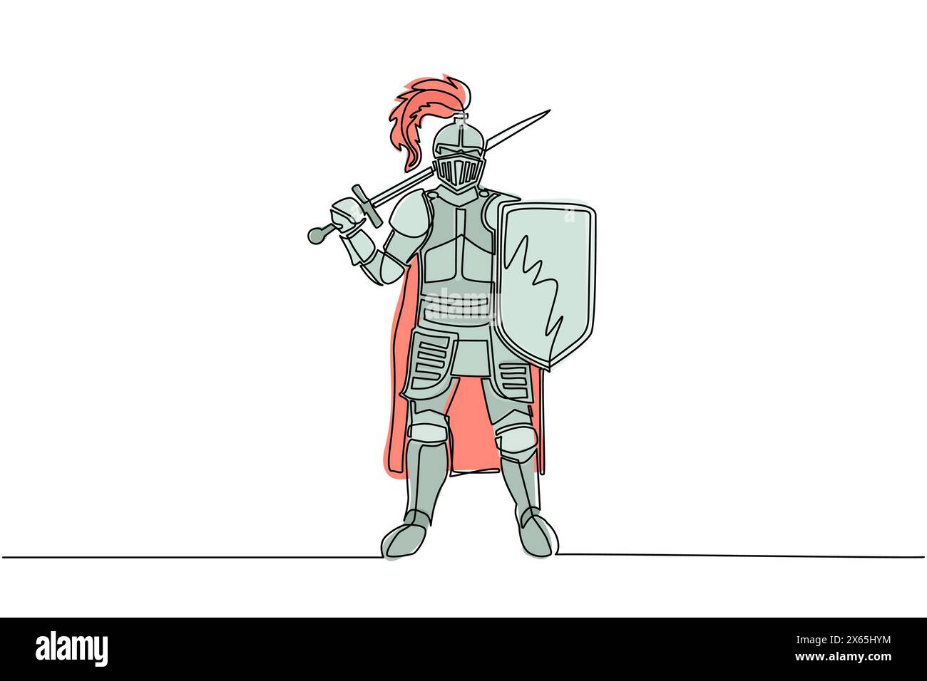 Single one line drawing medieval knight standing in armor and helmet ...