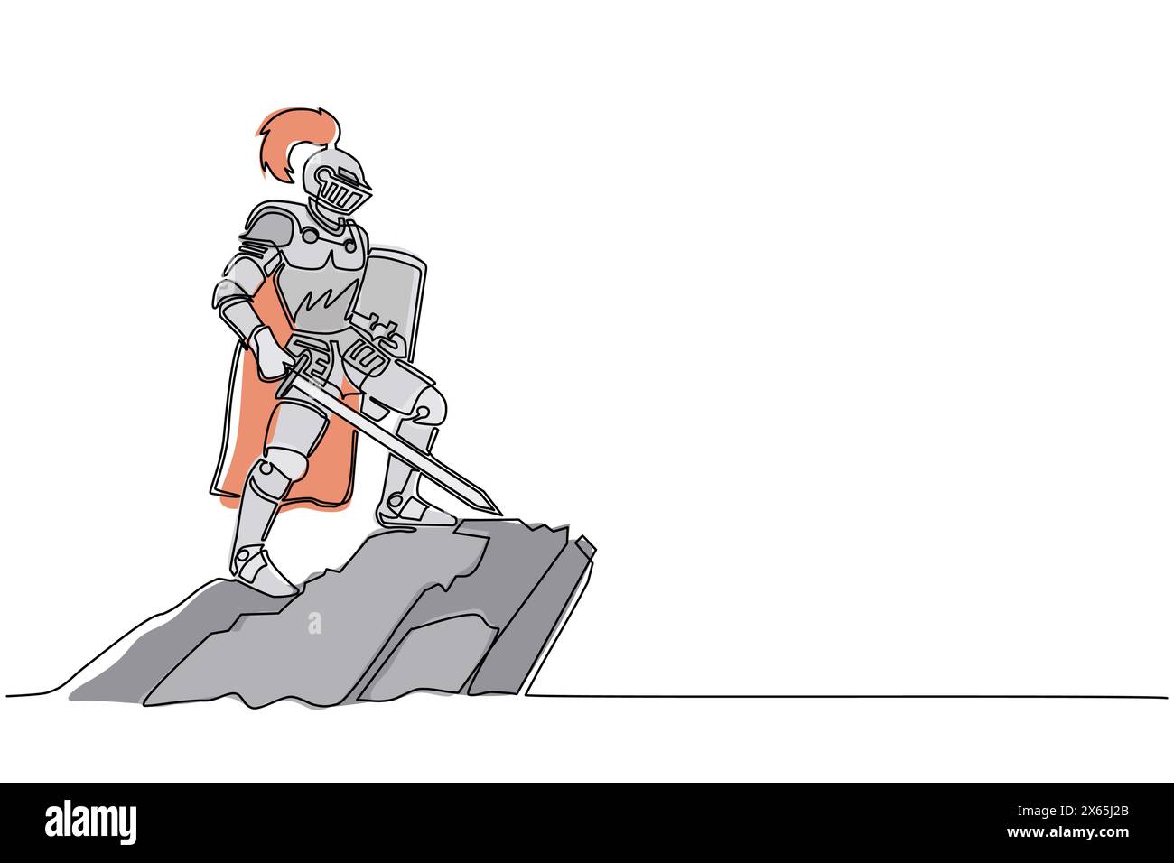 Single continuous line drawing medieval knight standing in armor ...