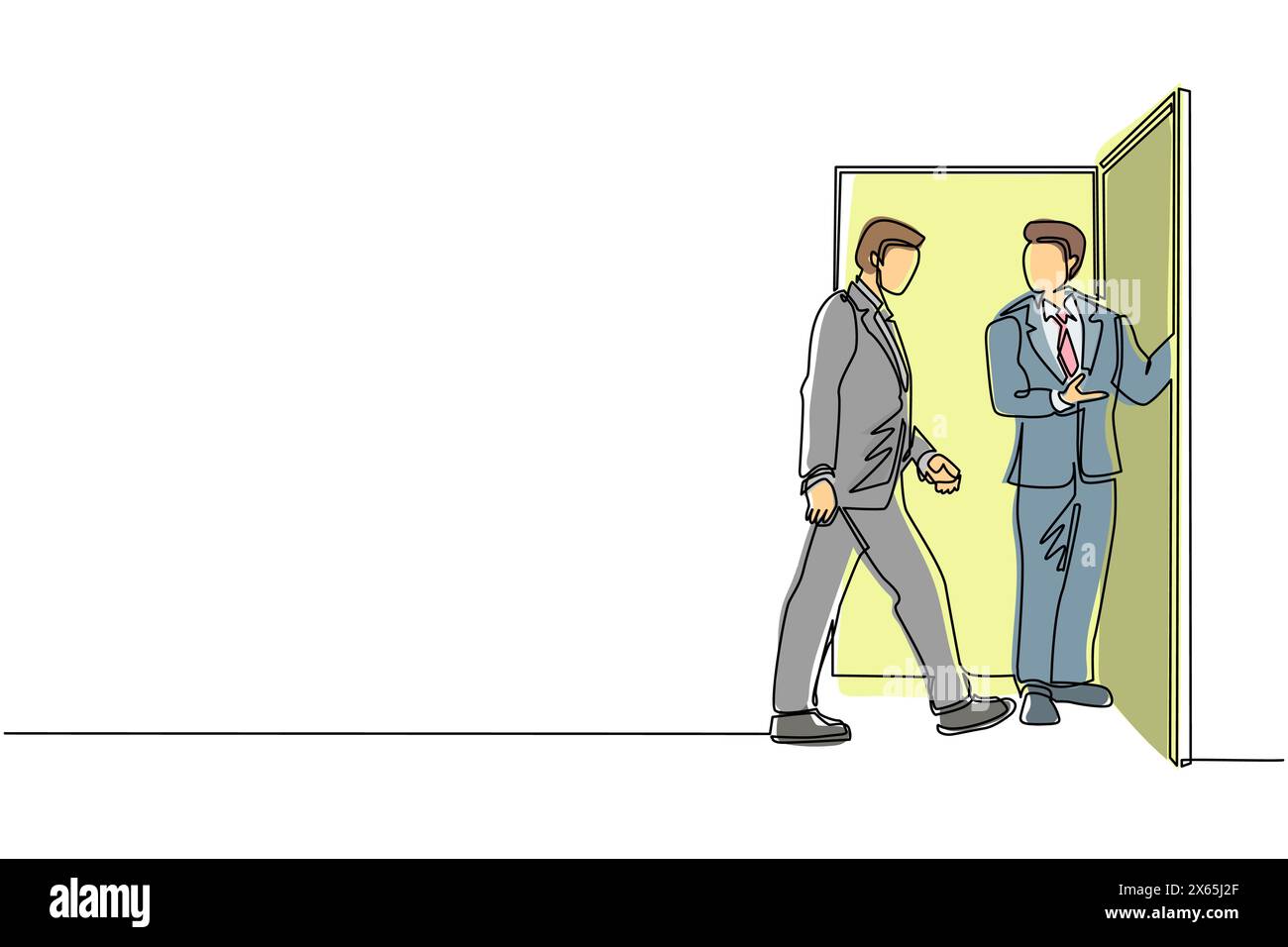 Single continuous line drawing businessman at the door welcomes his ...