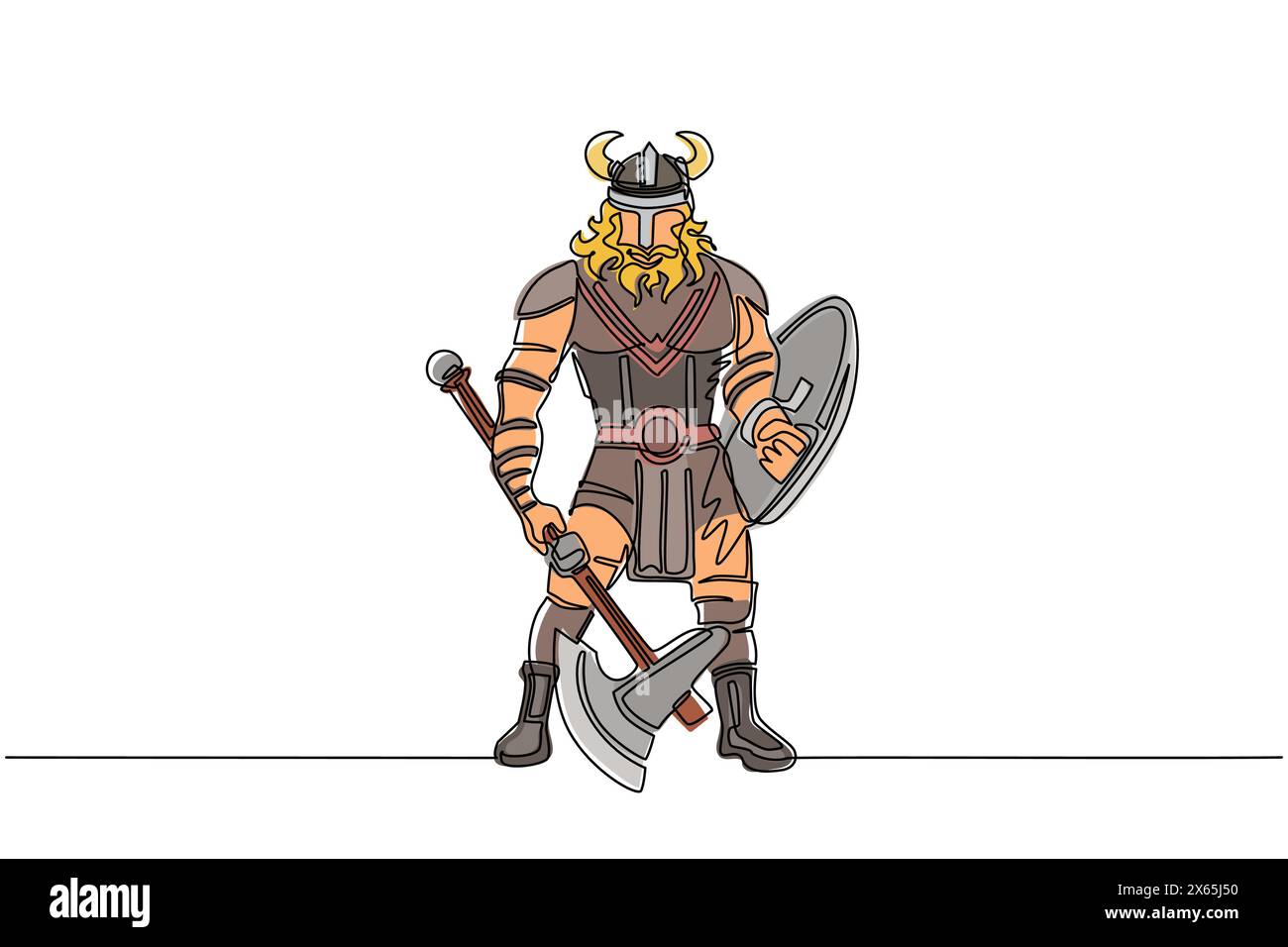 Continuous one line drawing man warrior viking in horned helmet holding ...