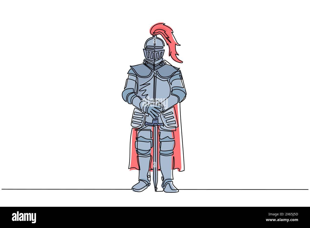 Continuous one line drawing medieval knight in armor, cape and helmet ...