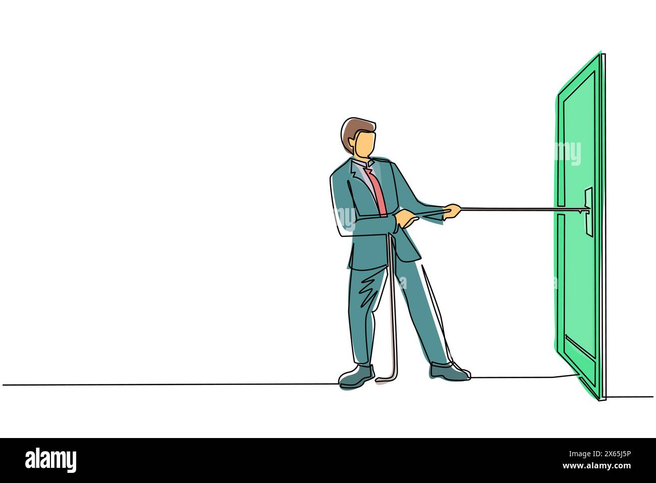 Single continuous line drawing businessman pulling rope to drag door ...