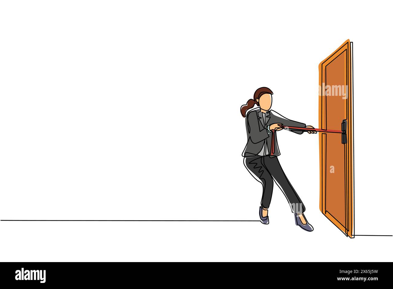 Single continuous line drawing businesswoman pulling rope to drag door ...