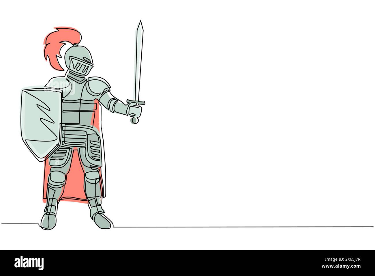 Single continuous line drawing medieval knight in armor, cape and ...