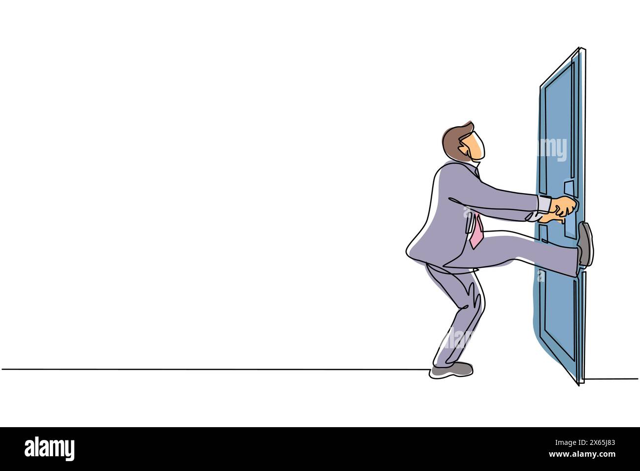 Single continuous line drawing businessman pulling closed door knob ...