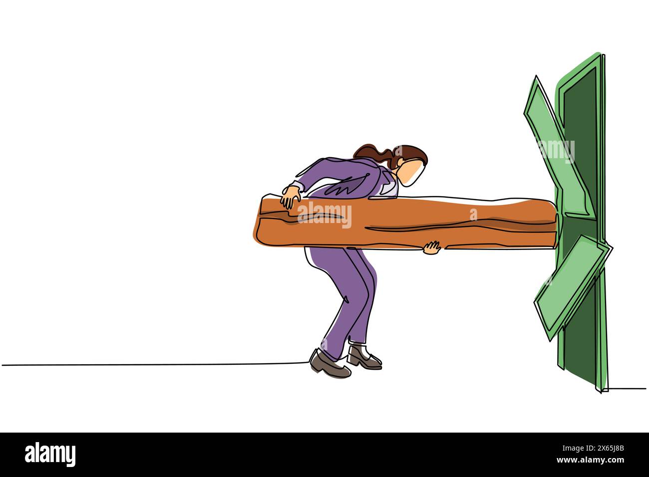 Single one line drawing businesswoman holding large log and destroying ...