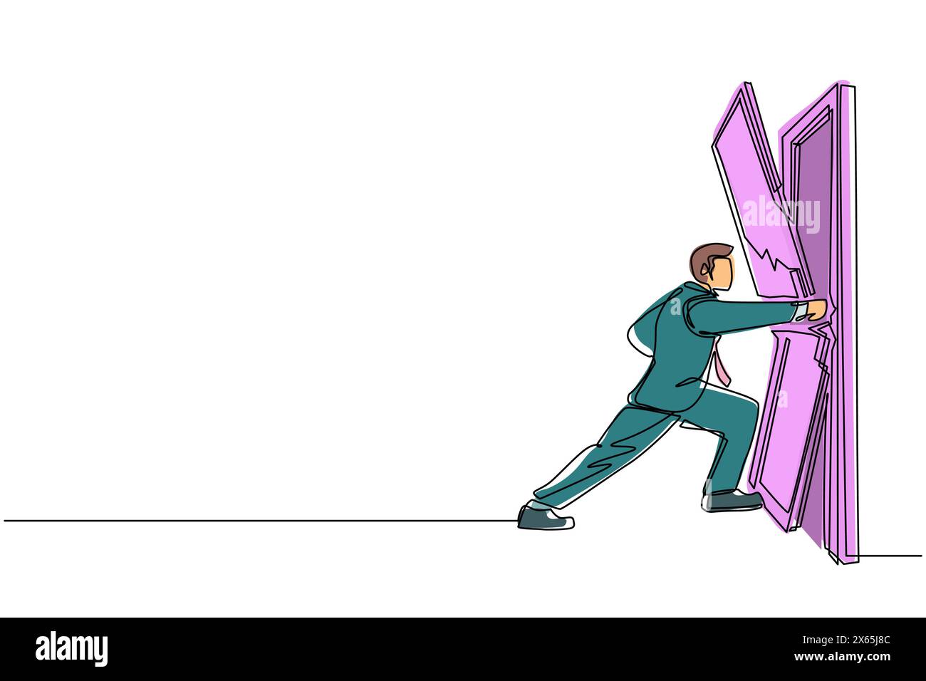 Continuous one line drawing businessman punching and destroying door ...