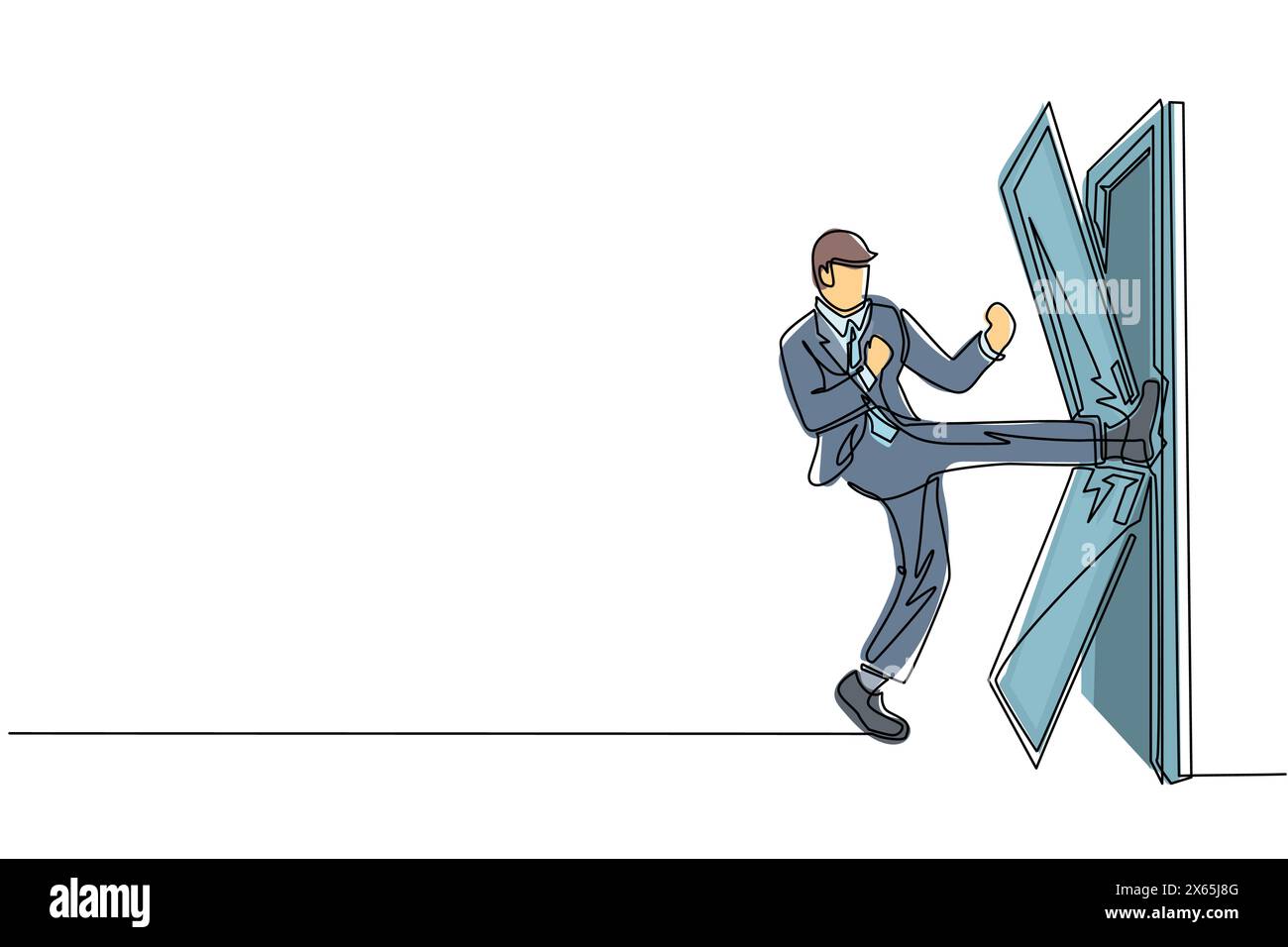 Single continuous line drawing businessman kicks the door until door ...