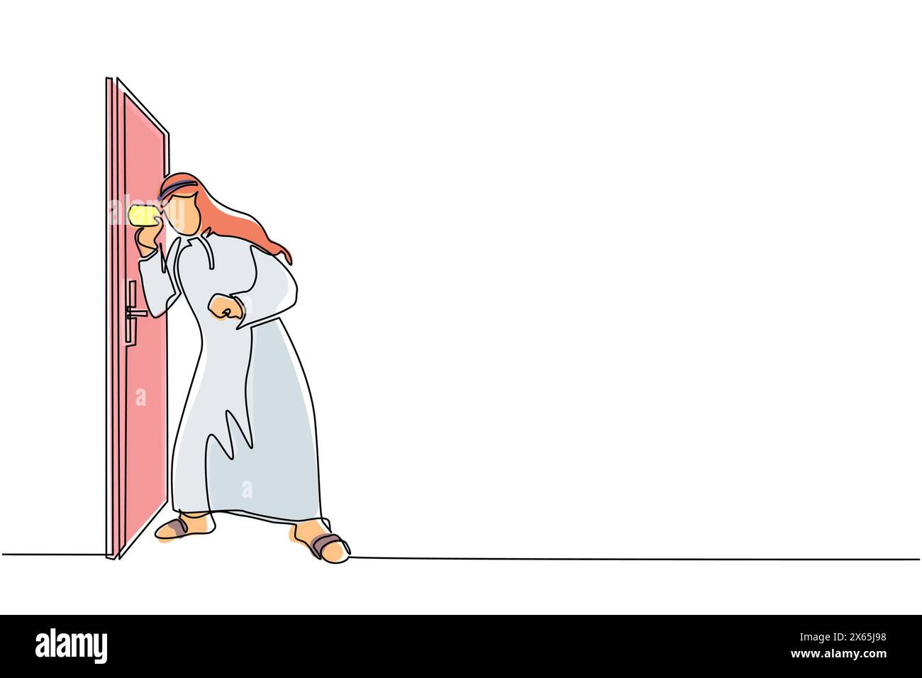 Single one line drawing Arabian man eavesdropping at the door. Curious ...