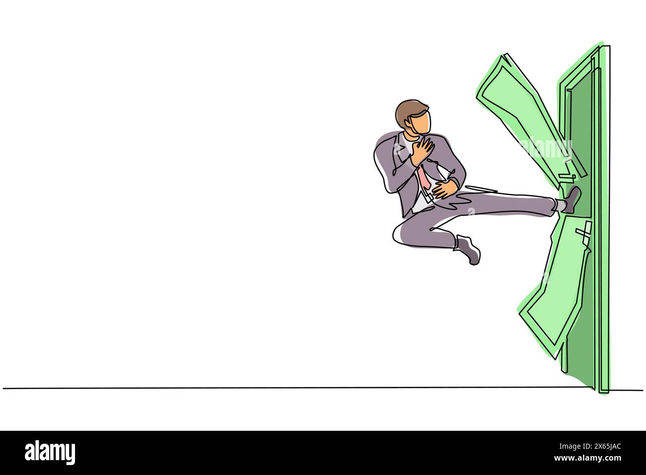 Continuous one line drawing businessman kicks the door with flying kick ...