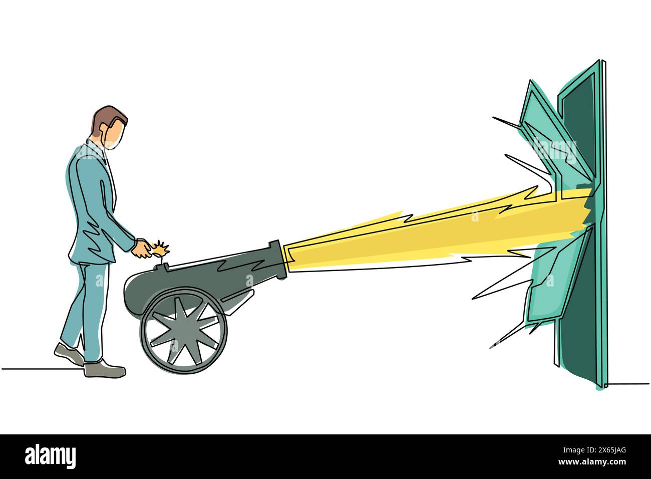 Single one line drawing businessman ignites cannon in front of door and ...