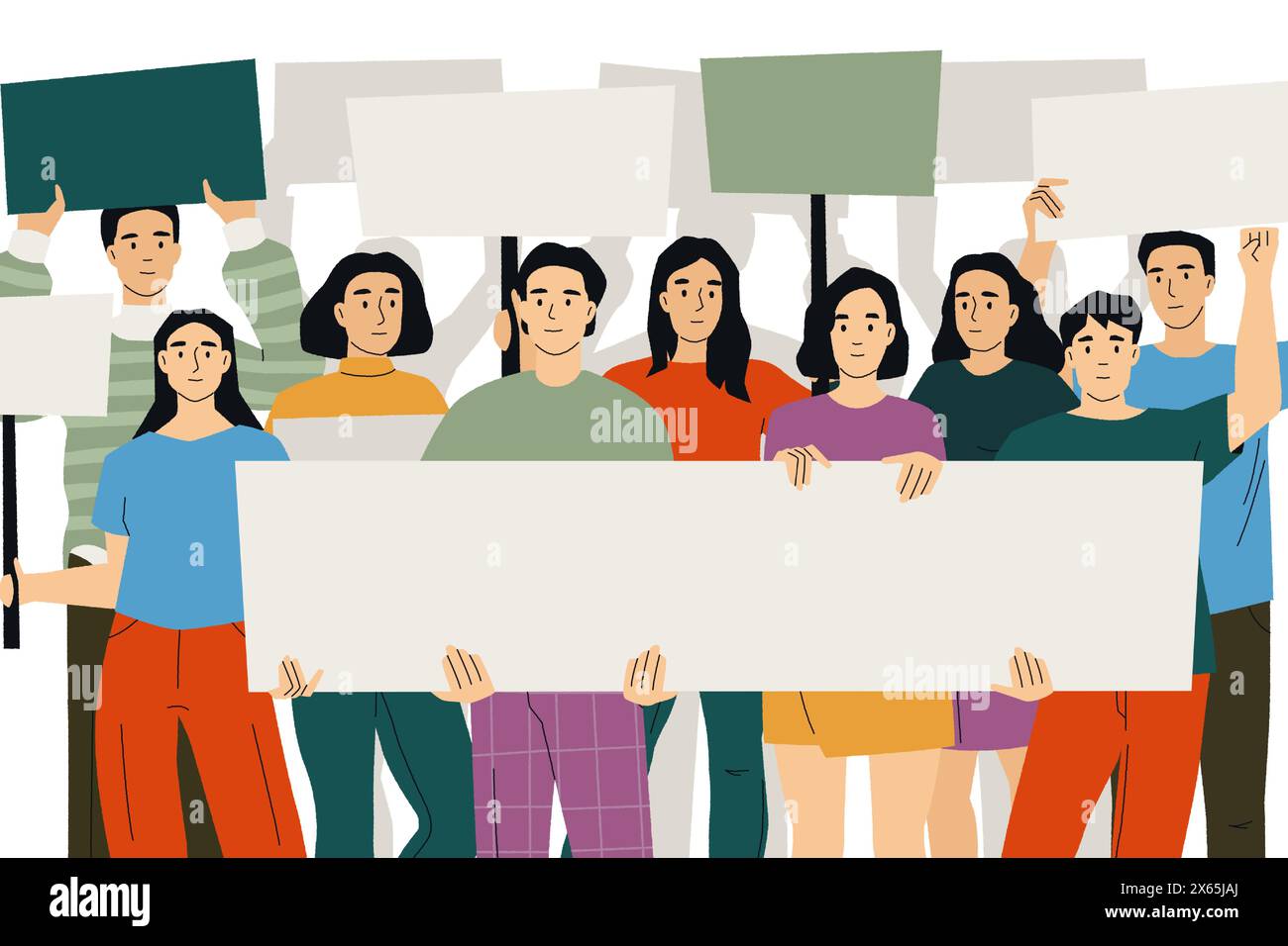 Public protest. Cartoon people with placards and protest signs, angry ...