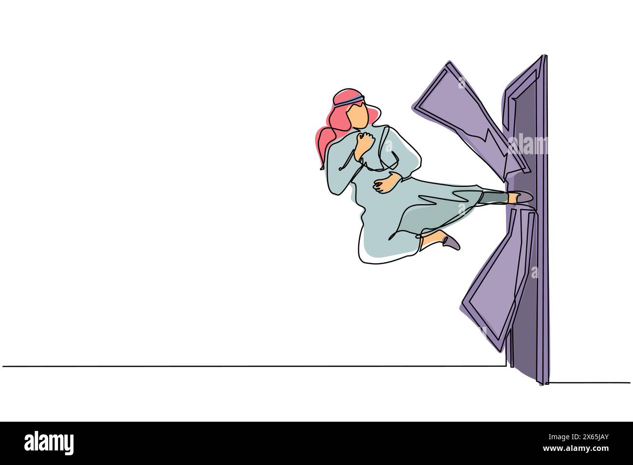 Single continuous line drawing Arabian businessman kicks the door with ...