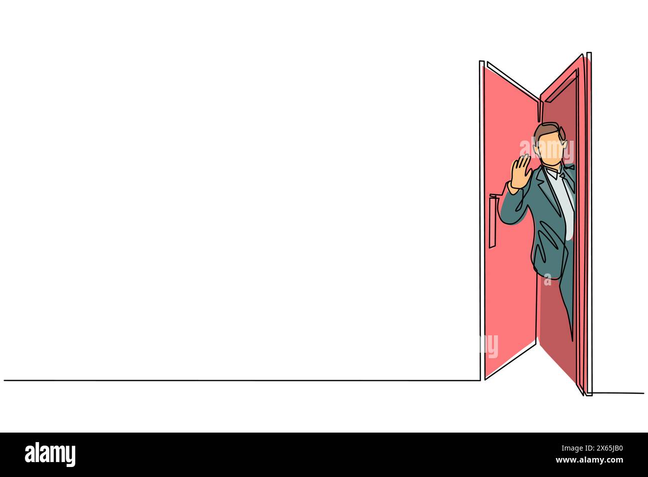 Continuous one line drawing businessman looking from behind open door ...