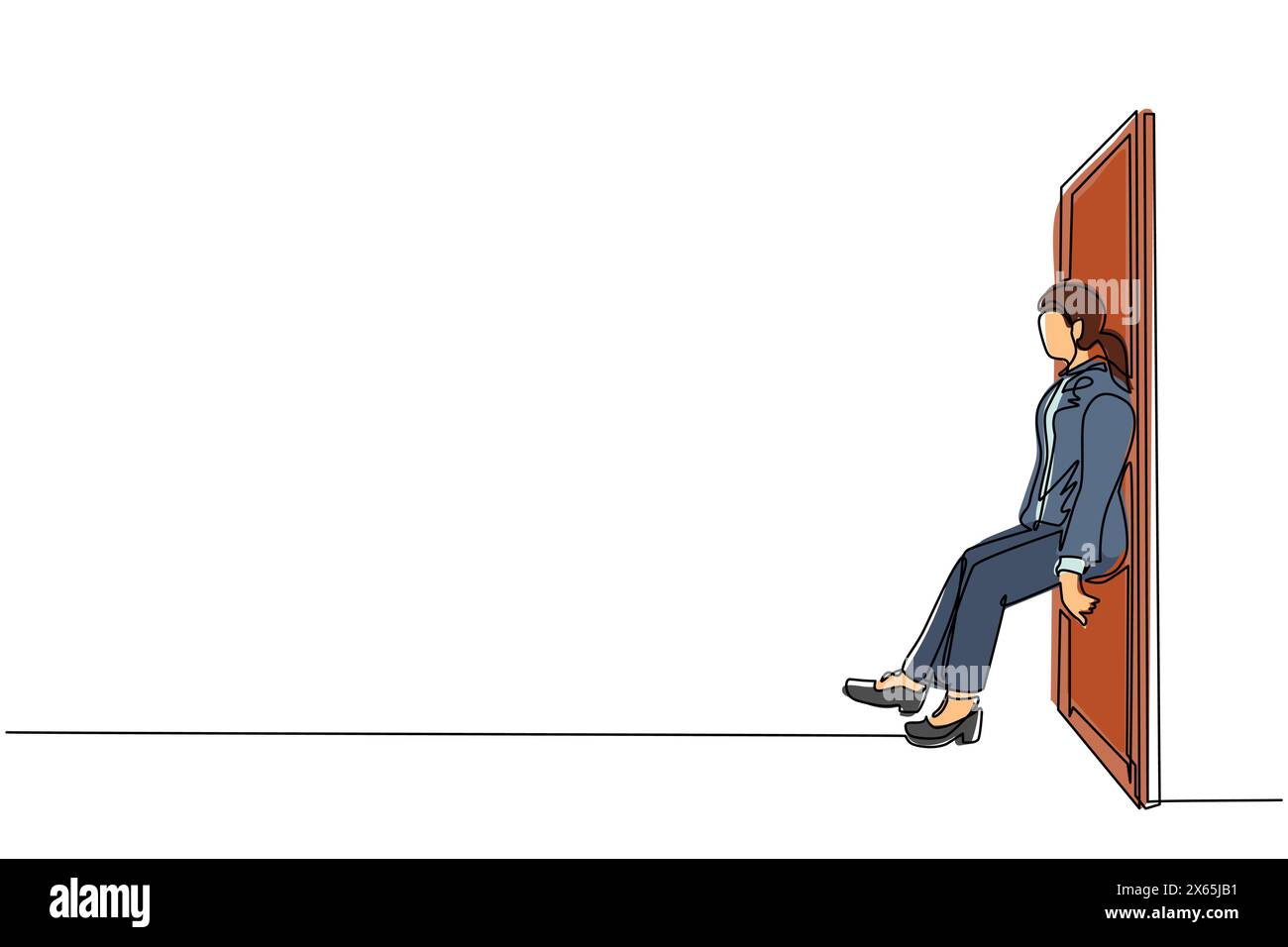 Single one line drawing businesswoman pushing door with her back ...
