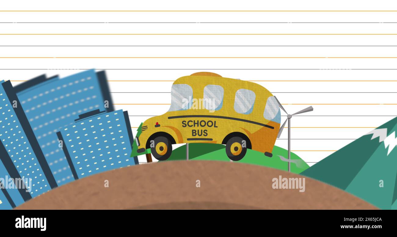 Yellow bus and blue books sitting in front of city and mountain ...