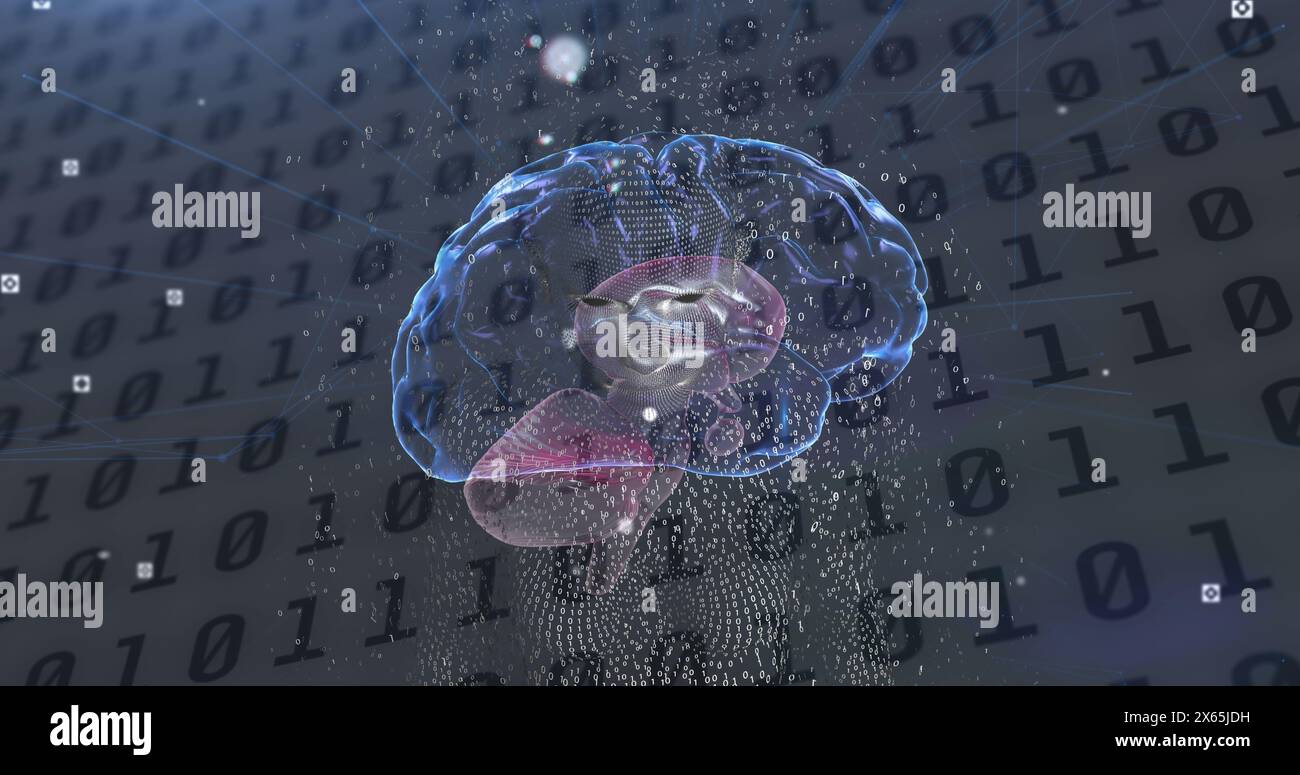 A digital brain, glowing with purple and blue hues, floating amidst ...