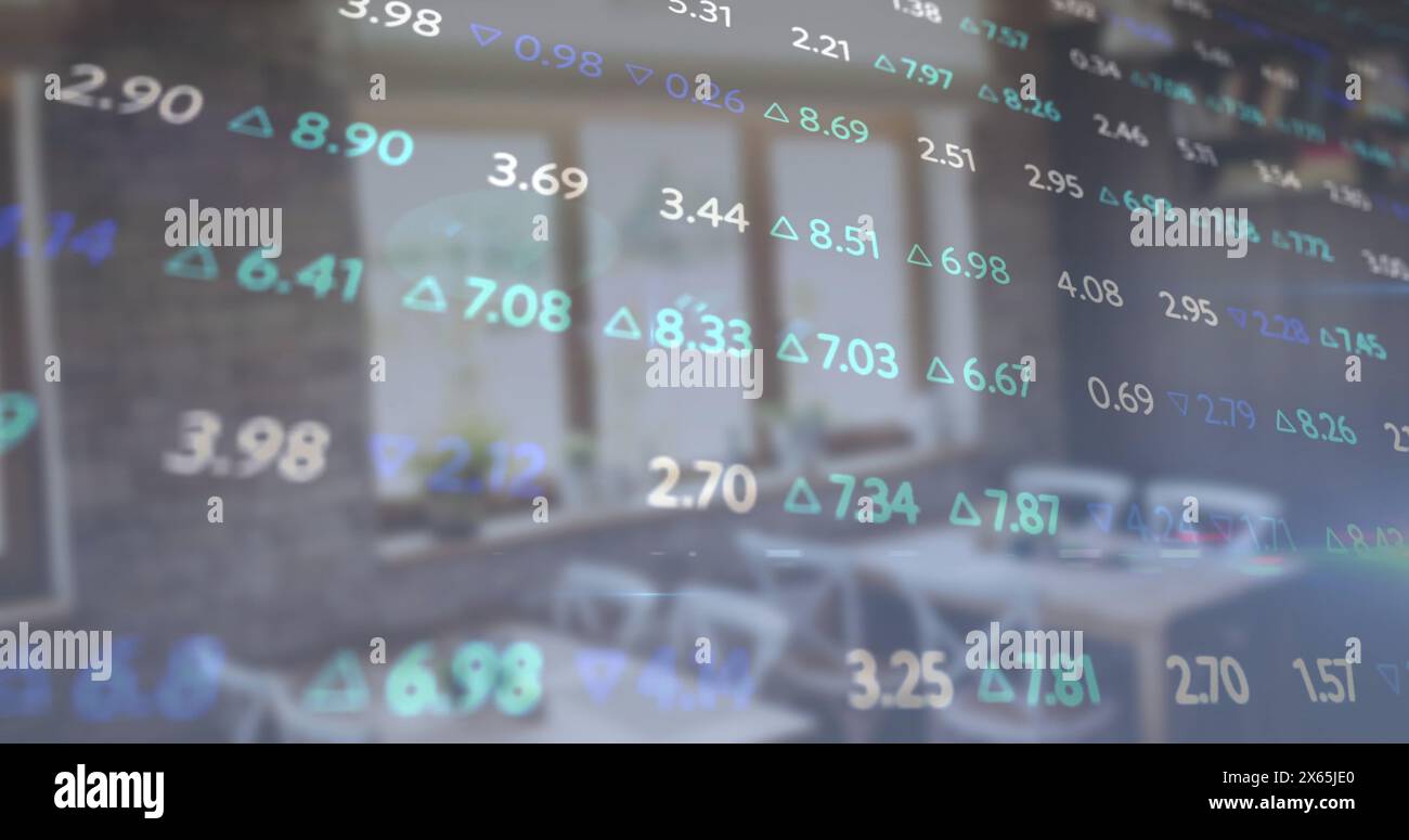 Stock market numbers reflecting on glass window, displaying various ...