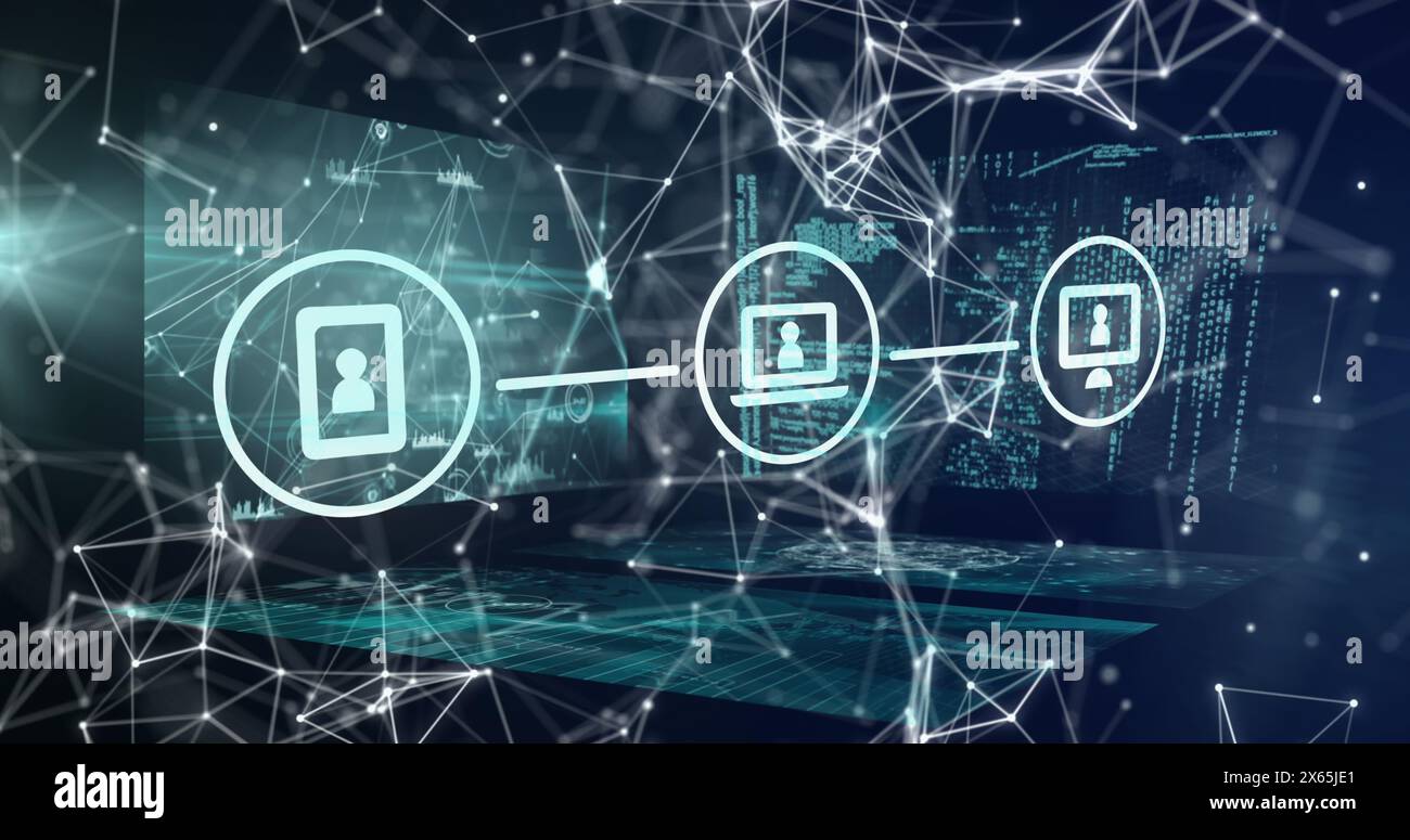 Three digital icons with user profiles connecting over network Stock ...