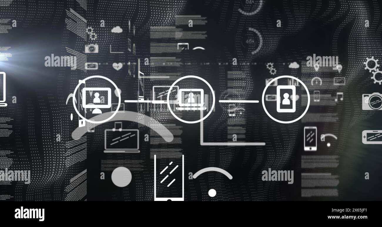 Digital icons and symbols connecting across blue background Stock Photo ...