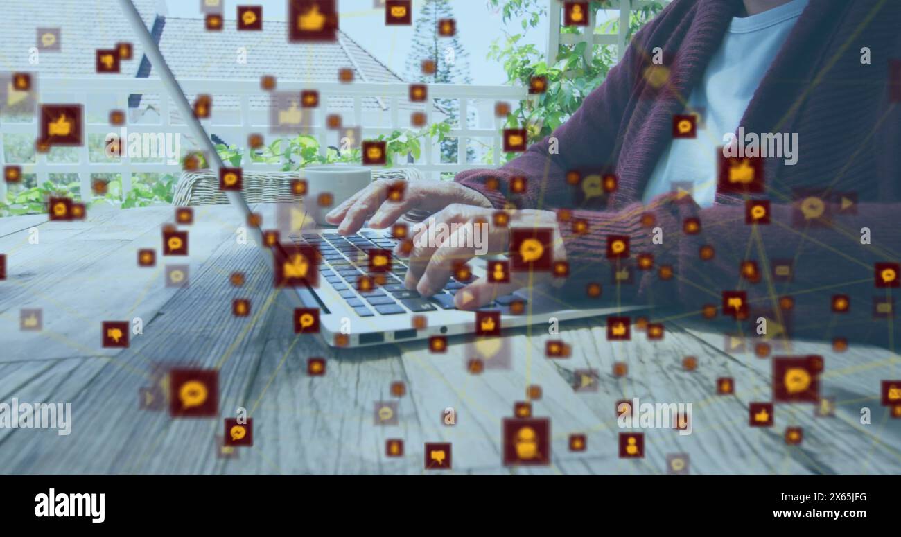 Image of network of connections with social media icons over caucasian ...