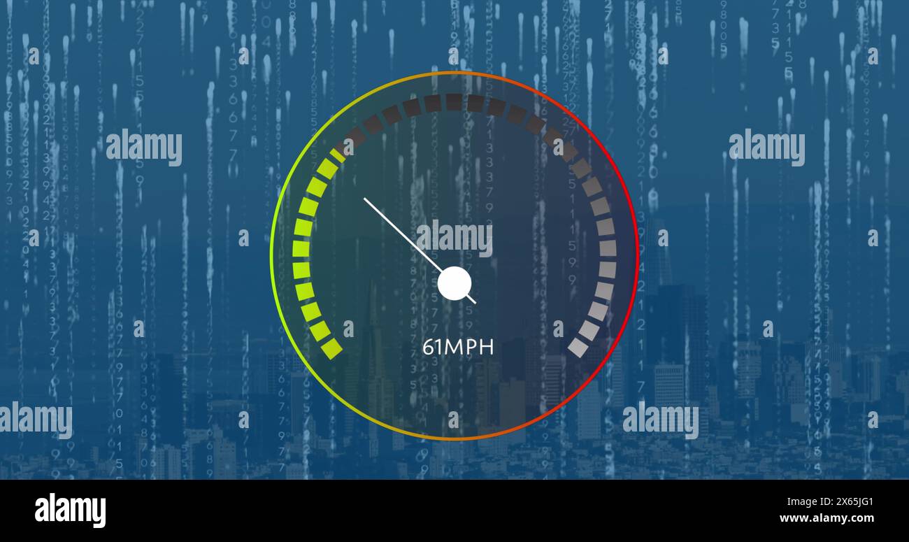 Image of speedometer and binary coding against aerial view of cityscape ...