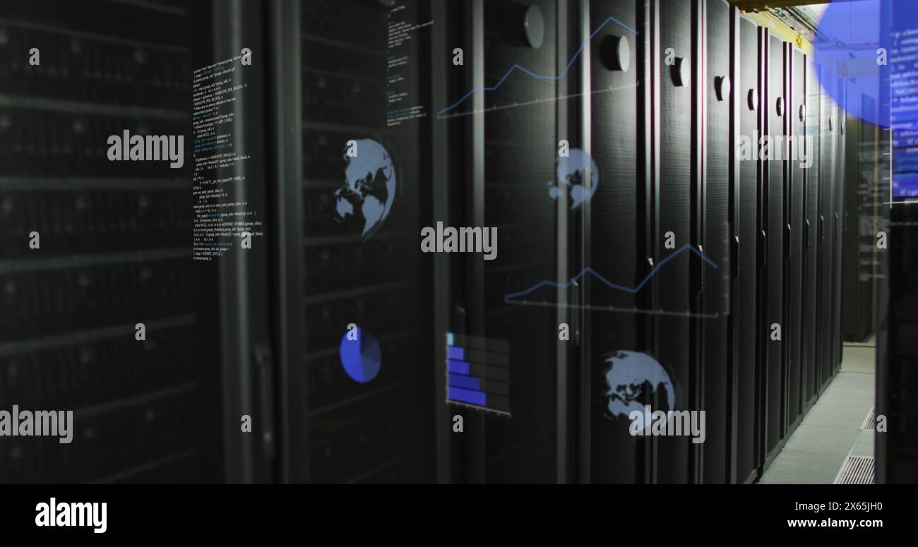 Image of globes and data processing over server room Stock Photo - Alamy